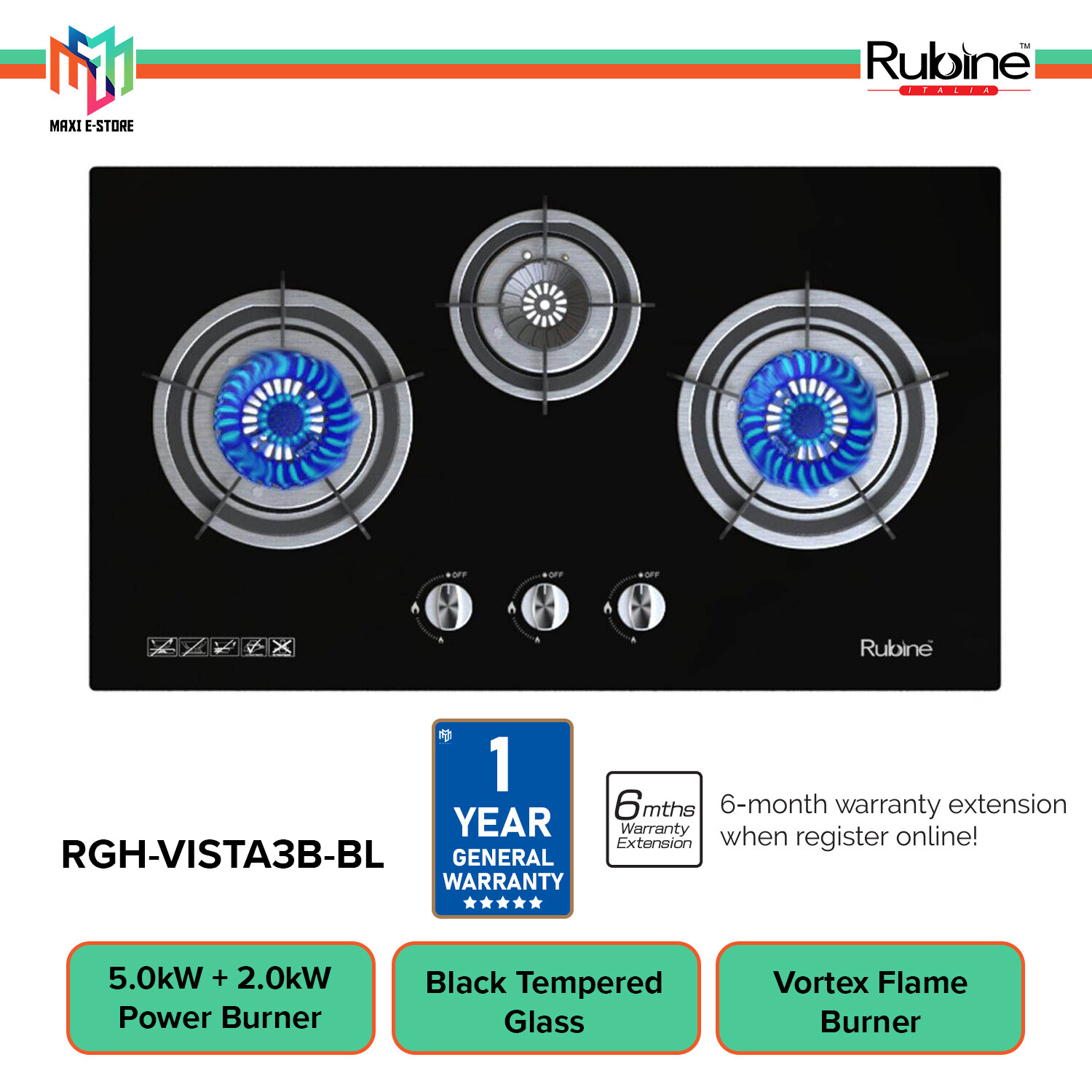 Rubine VISTA Built-in Black Tempered Glass Gas Hob 2 Burner 5.0kW ...