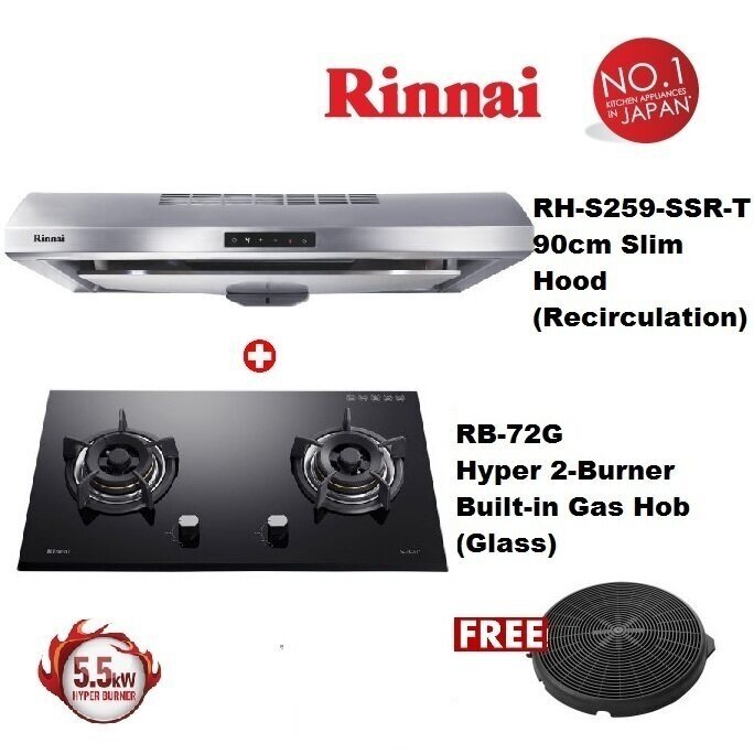[Rinnai Package] Rinnai 90cm Slim Cooker Range Hood (RH-S259-SSR-T) + Rinnai 80cm 2-Hyper Burner ...