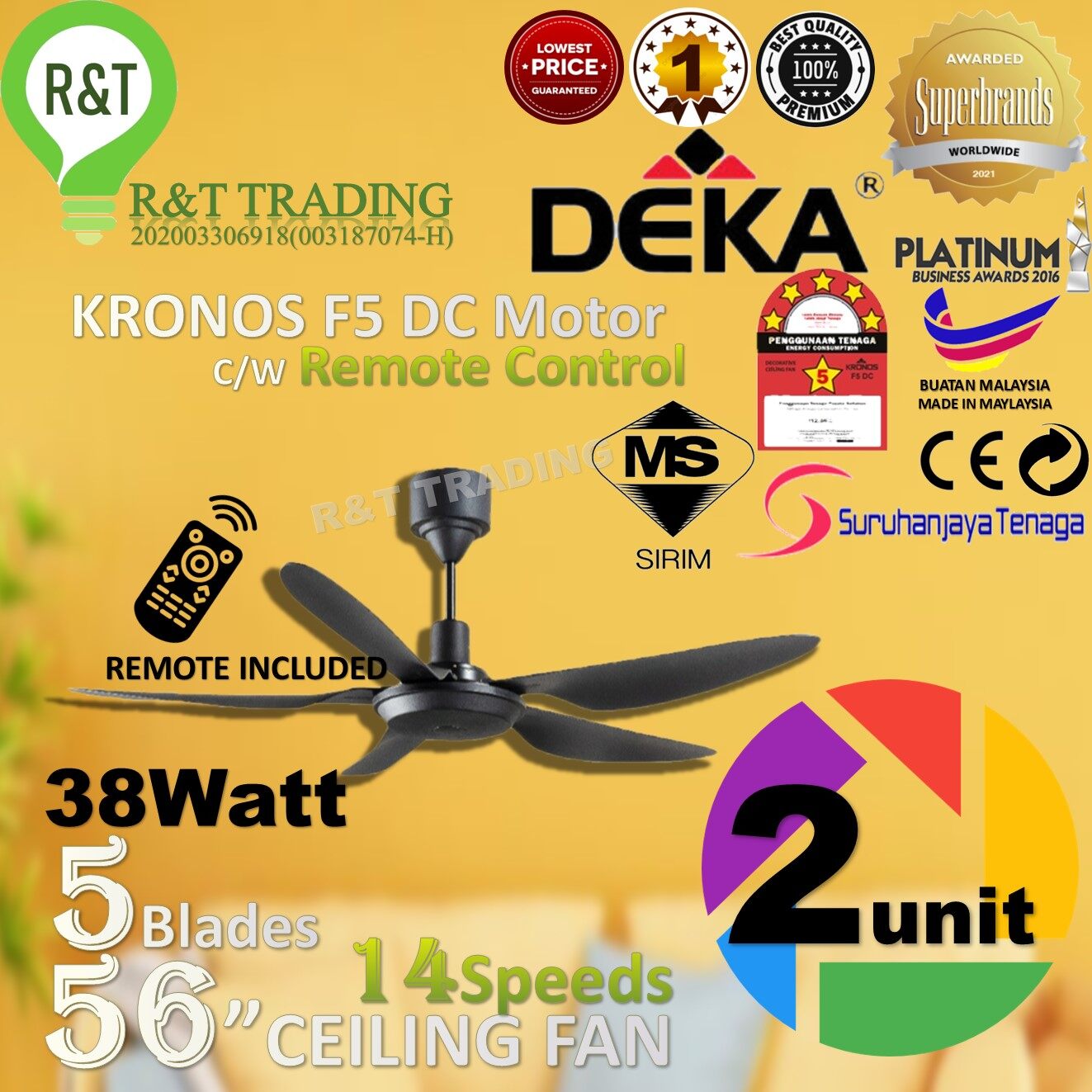 DEKA Kronos F5 DC | F5 DCL with LED lamp & Remote 56" Ceiling Fan | 5 Blades | DC Motor ...