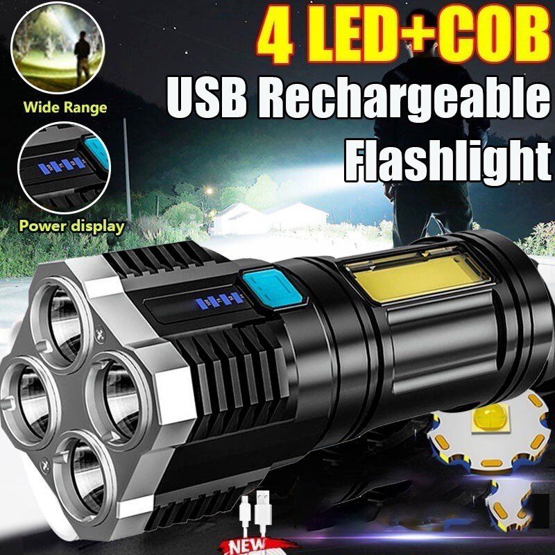 DOT USB Rechargeable COB LED Flashlight 4 Core Super Bright ...