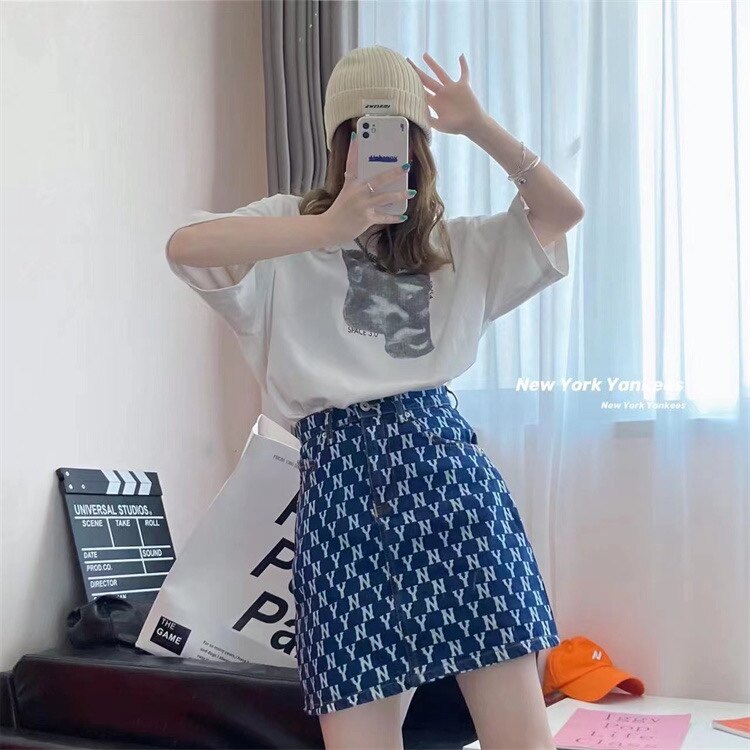 (มาใหม่) ที่มีคุณภาพสูง22ss NewMLB เดิมสไตล์เต็มพิมพ์ NY กระโปรงยีนส์สำหรับผู้หญิงในช่วงฤดูร้อน ...