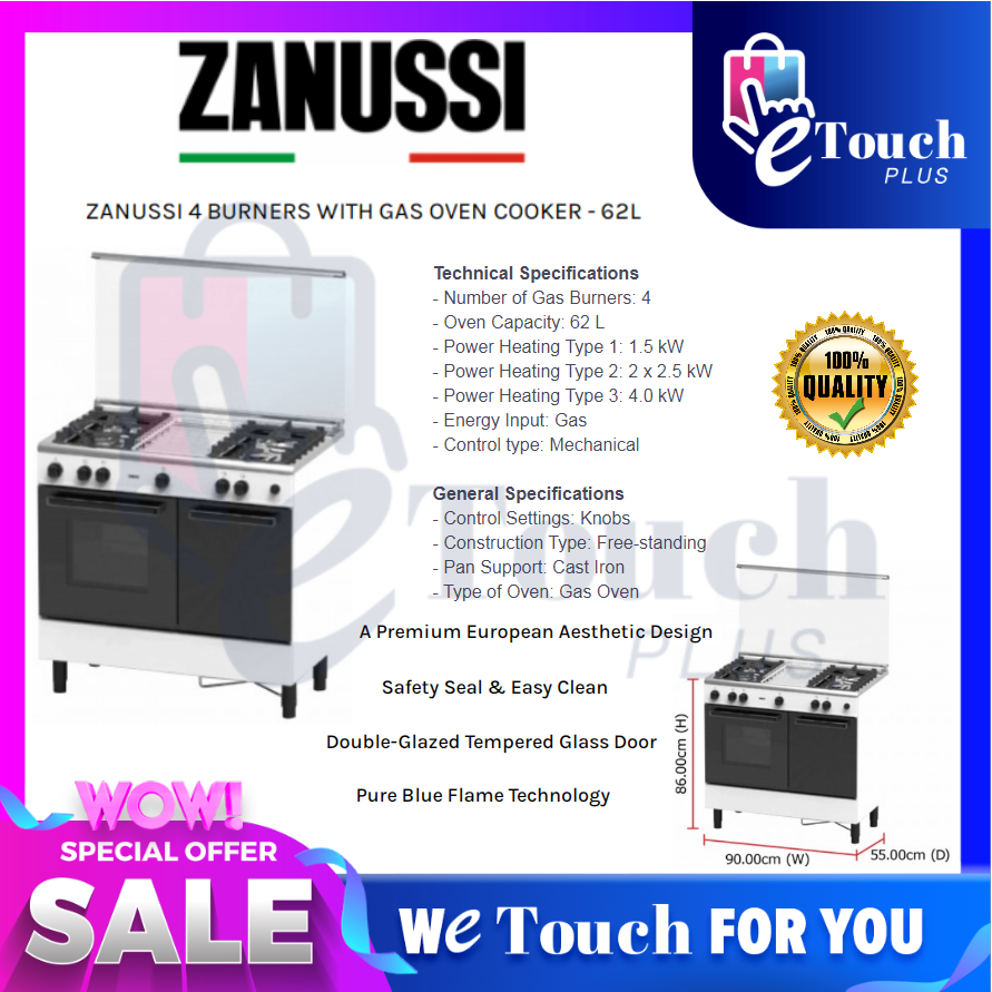 ZANUSSI (ZCG940W) 62L FREESTANDING GAS COOKER - 4 GAS BURNERS/ GAS OVEN ...