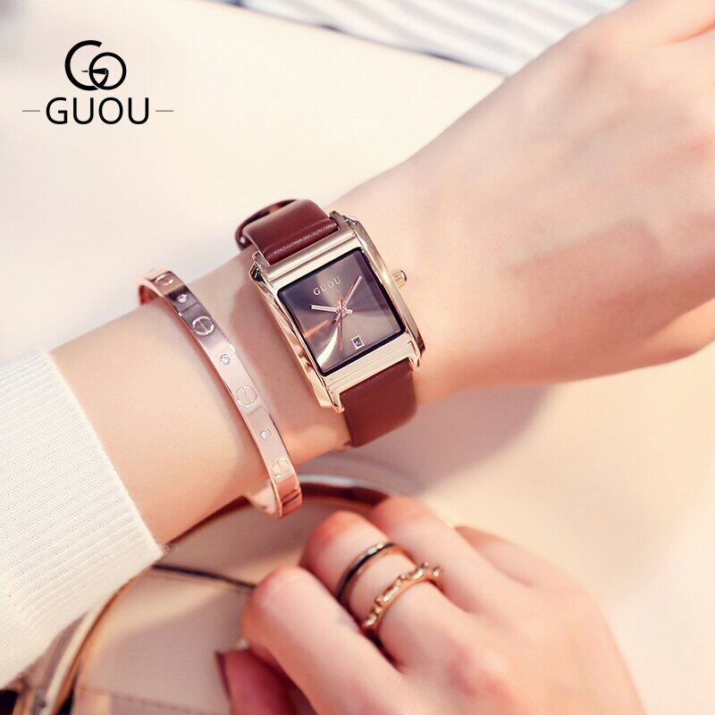 GUOU Fashion Square Watch Women Leather Strap Waterproof Ladies Quartz ...