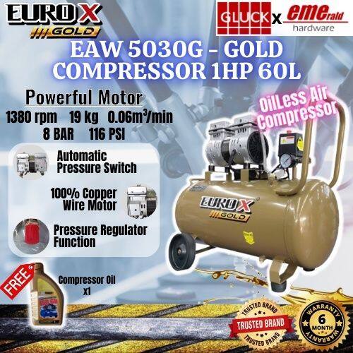 EUROPOWER/EUROX GOLD OIL LESS 1HP / 30L AIR COMPRESSOR F.O.C PU RECOIL HOSE & Air Blow Gun ...