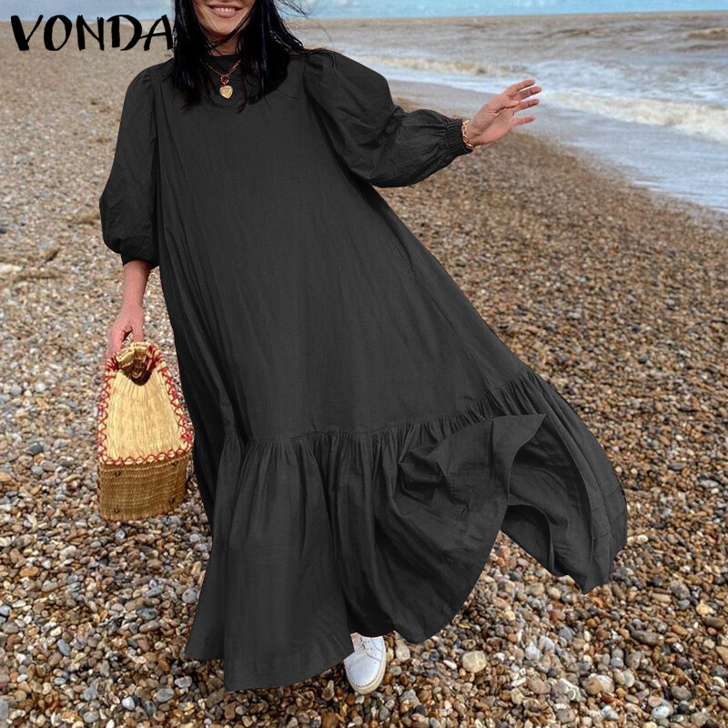 VONDA Women สีทึบวันหยุดเดรสจีบลำลอง3/4 Sleeve O คอชุดเดรสวินเทจ ...