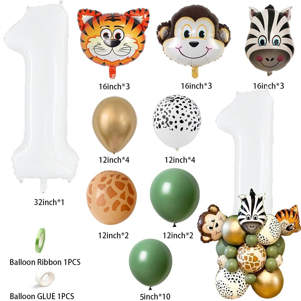 28pcs 1-9 Green Number Balloon Lion Monkey Foil Balloons Tower Kids ...