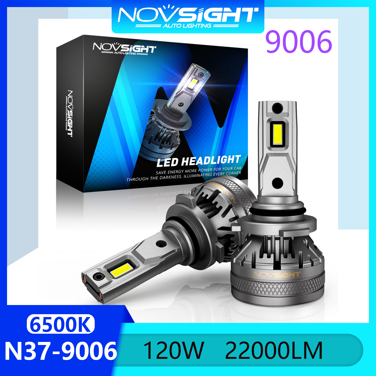 Novsight N37 9006 HB4 LED Headlight Bulb Kit 120W 22000LM 6500K Super Bright LED Lights for Car ...