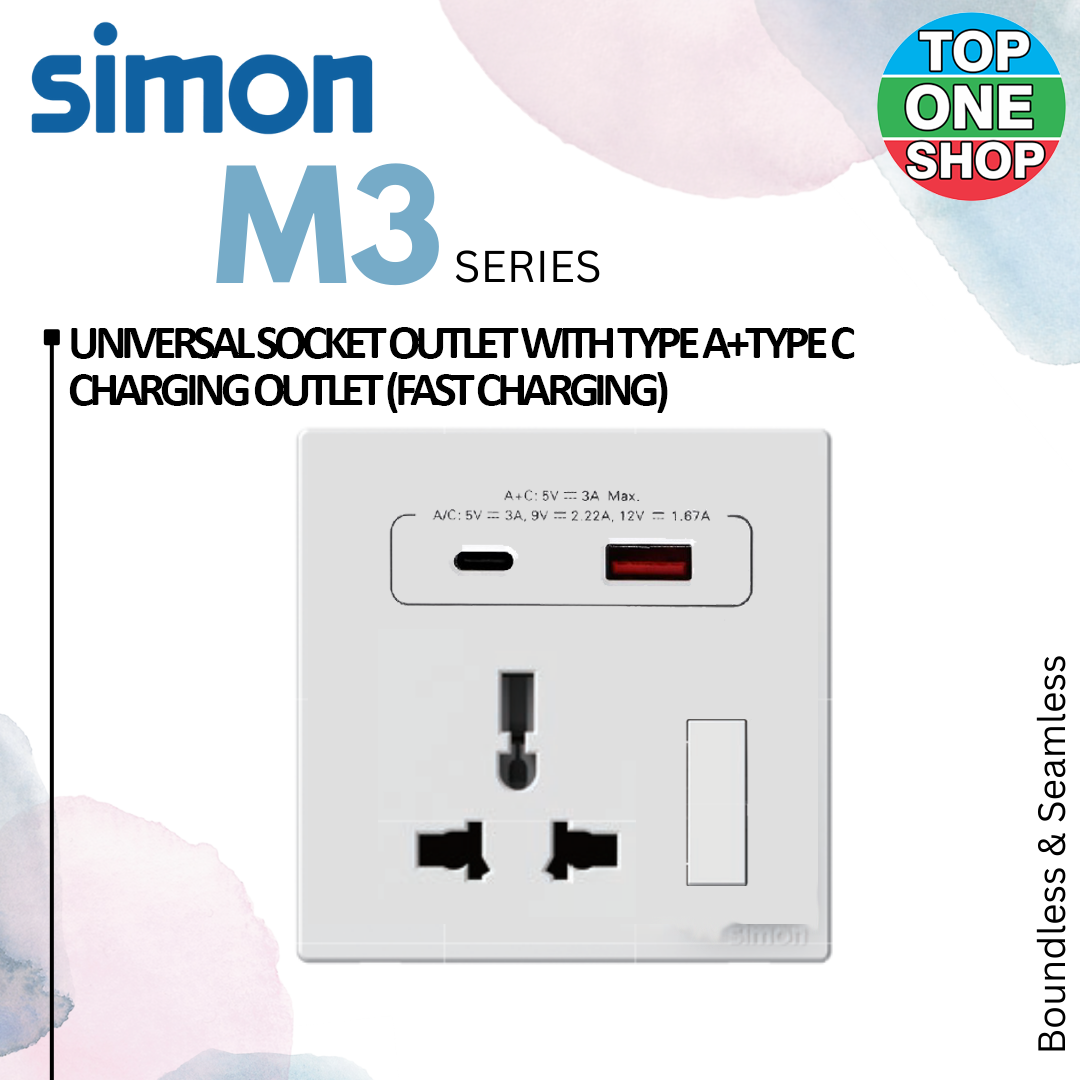 SIMON M3 Series 13A Flat Pin Universal USB+TYPE-C Outlet Switch Socket ...