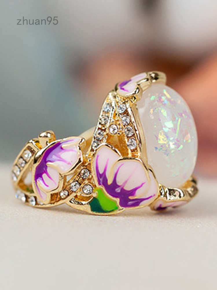 Women Vintage Colorful Enamel Opal Stone Lotus Flower Crystal Ring ...