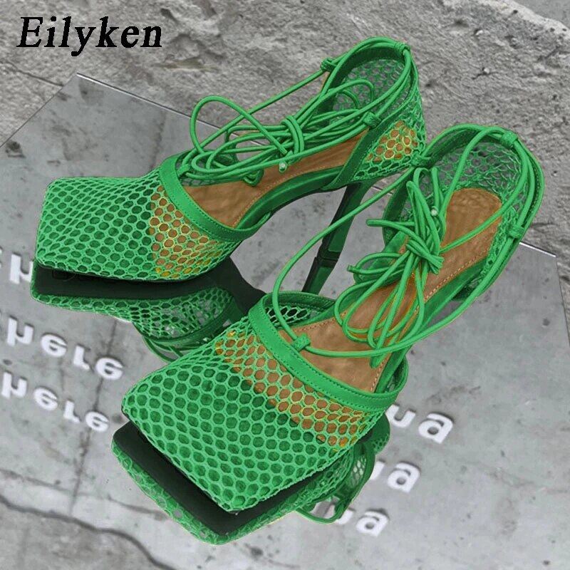 Sexy Green Mesh Pumps Sandals Female Square Toe High Heel Lace Up Cross ...