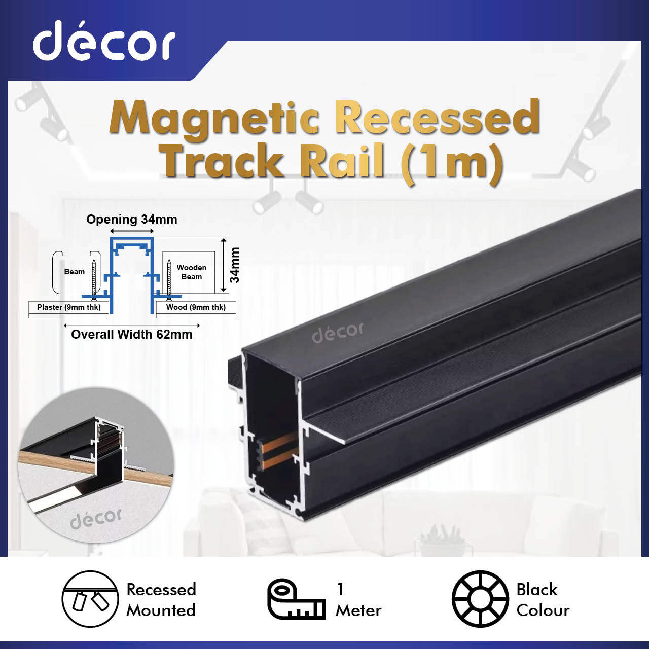 Magnetic Track Light Accessories 1M Magnetic Track Rail Recessed ...