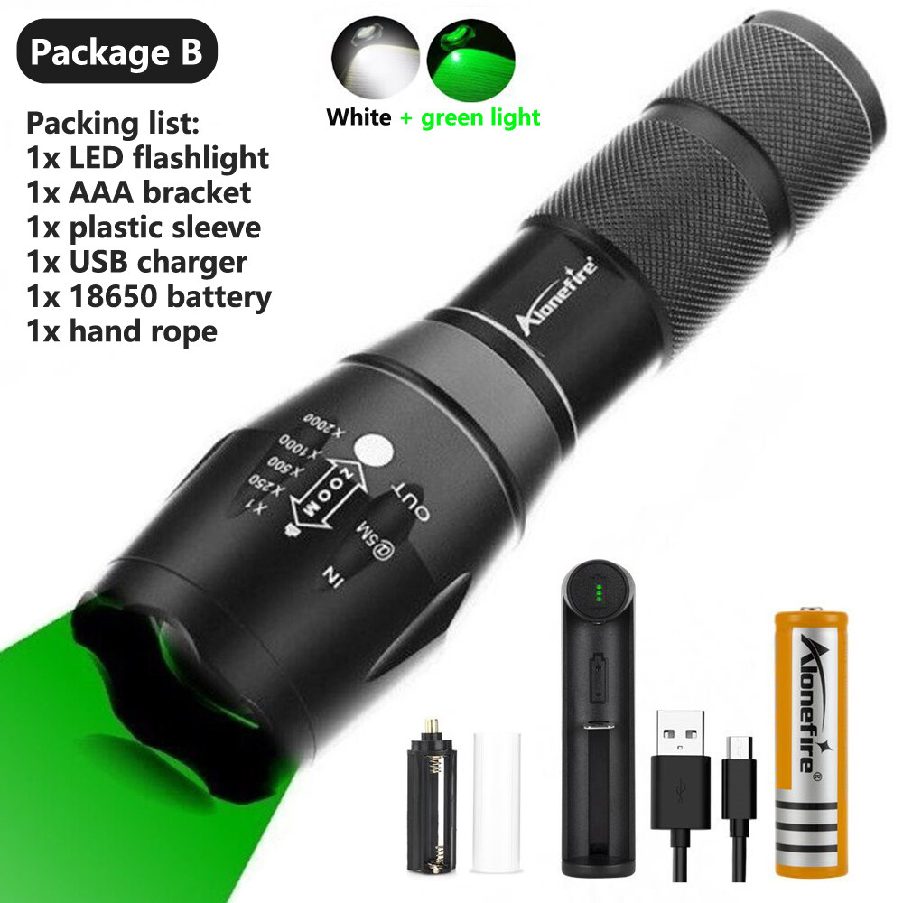 Alonefire G700-WG LED Flashlight XPE 2 in1 White+Green Light Zoom Ultra Bright Torch 1000 Lumens ...