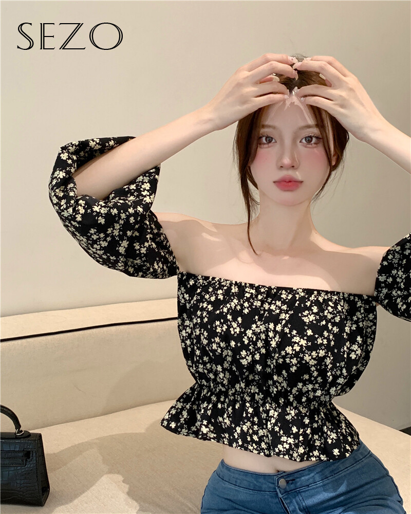 SEZO เวอร์ชั่นเกาหลีของผู้หญิงย้อนยุคหนึ่งไหล่พัฟแขนเสื้อแขนสั้นลาย ...