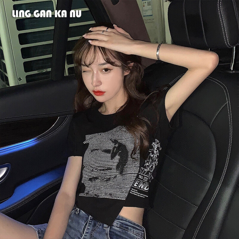 LING GAN KA NU เสื้อครอปไอจี 2022 ฤดูร้อนใหม่เวอร์ชั่นเกาหลีเอวสูงพิมพ์ ...