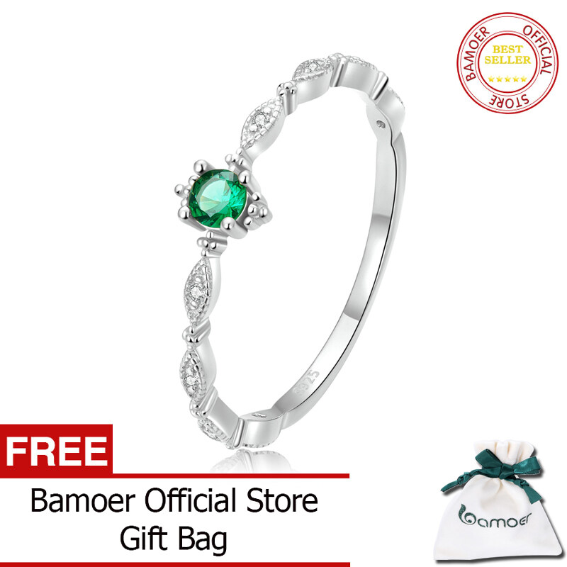 BAMOER 925 Sterling Silver Plating 14k Gold Women Ring Inlaid with Green Zirconium Fine Jewelry ...