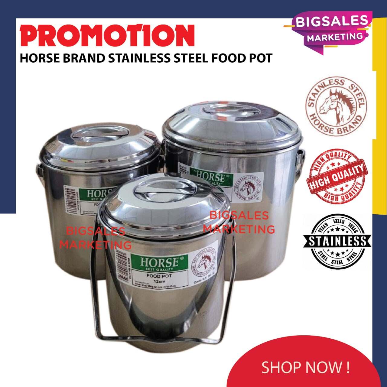 HORSE BRAND 100% Fully Stainless Steel Food Carrier Pot Food Container ...
