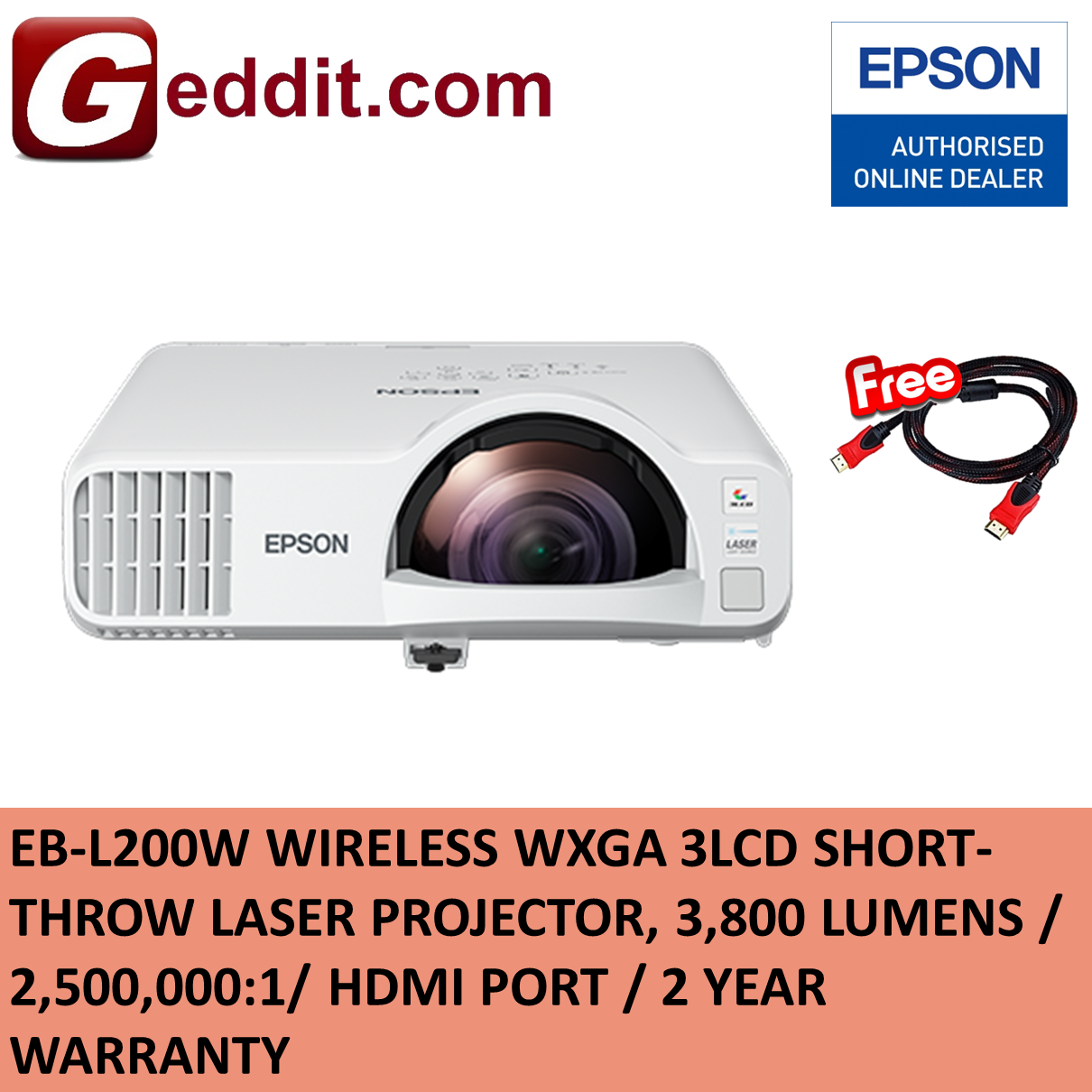 EPSON EB-L200W 3LCD WXGA STANDARD-THROW LASER PROJECTOR WITH BUILT-IN WIRELESS - FREE HDMI CABLE ...