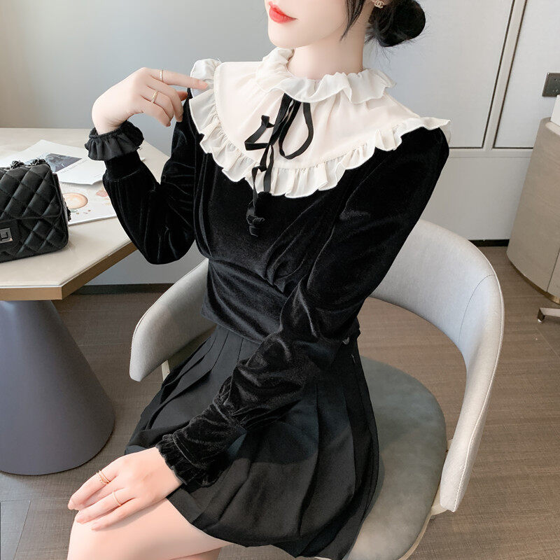 SNUG 2021 Retro Retro ออกแบบชีฟองเย็บกำมะหยี่แขนยาว Slim เสื้อยาวปิดถึง ...