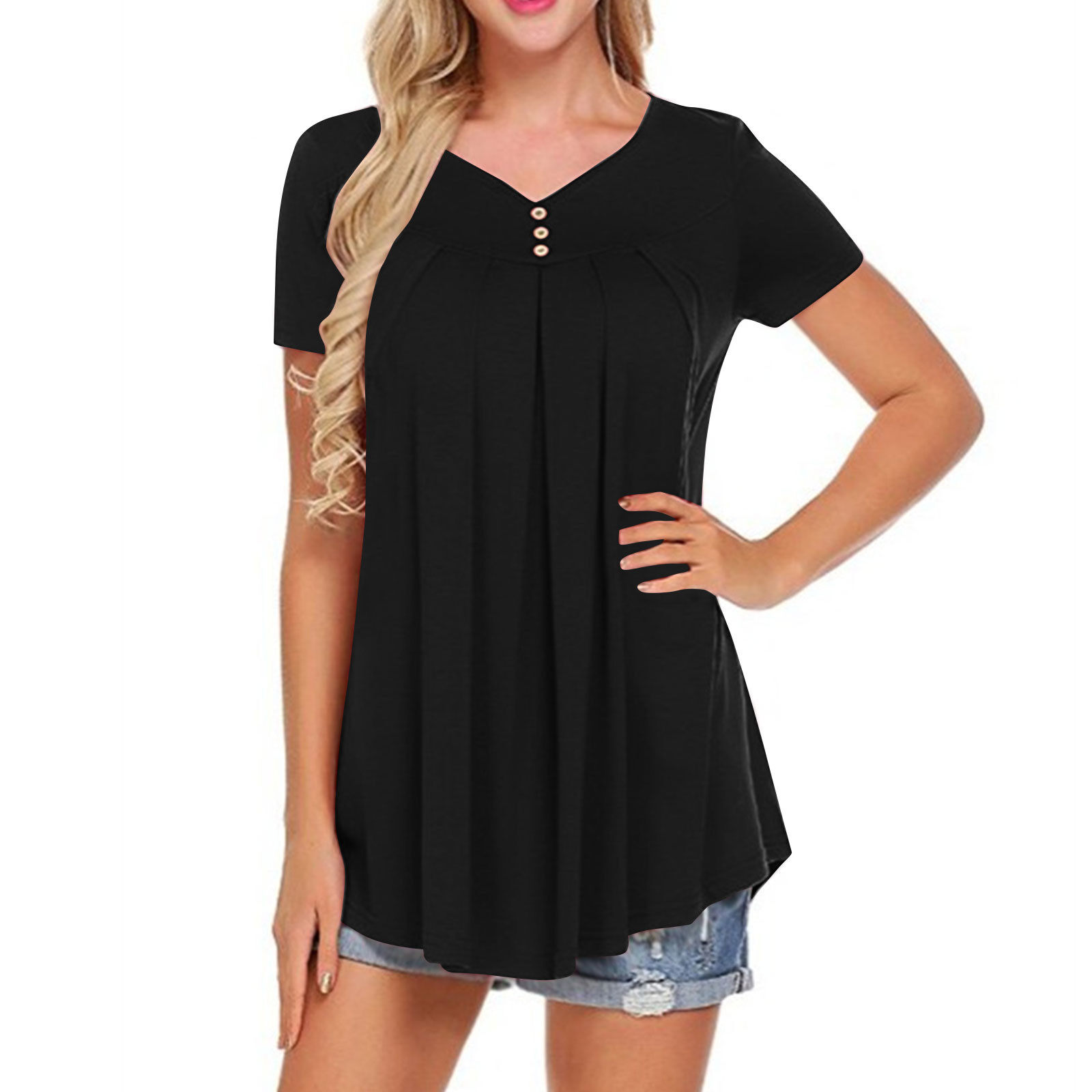 FDBG เสื้อสวมศีรษะของผู้หญิง,เสื้อสีพื้นแขนสั้นคอวีลำลองสำหรับฤดูร้อน ...