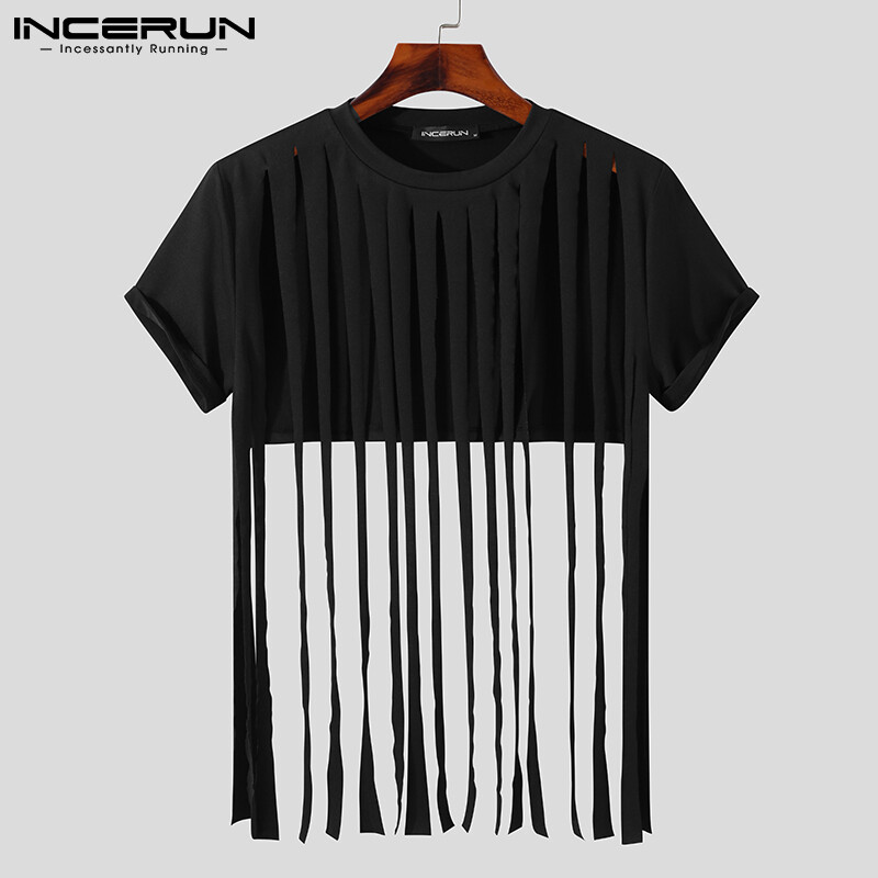 Medussa INCERUN เสื้อผู้ชายทรงครอปขาดเป็นพู่กลวง,ชุดคลับแขนสั้นสไตล์ ...