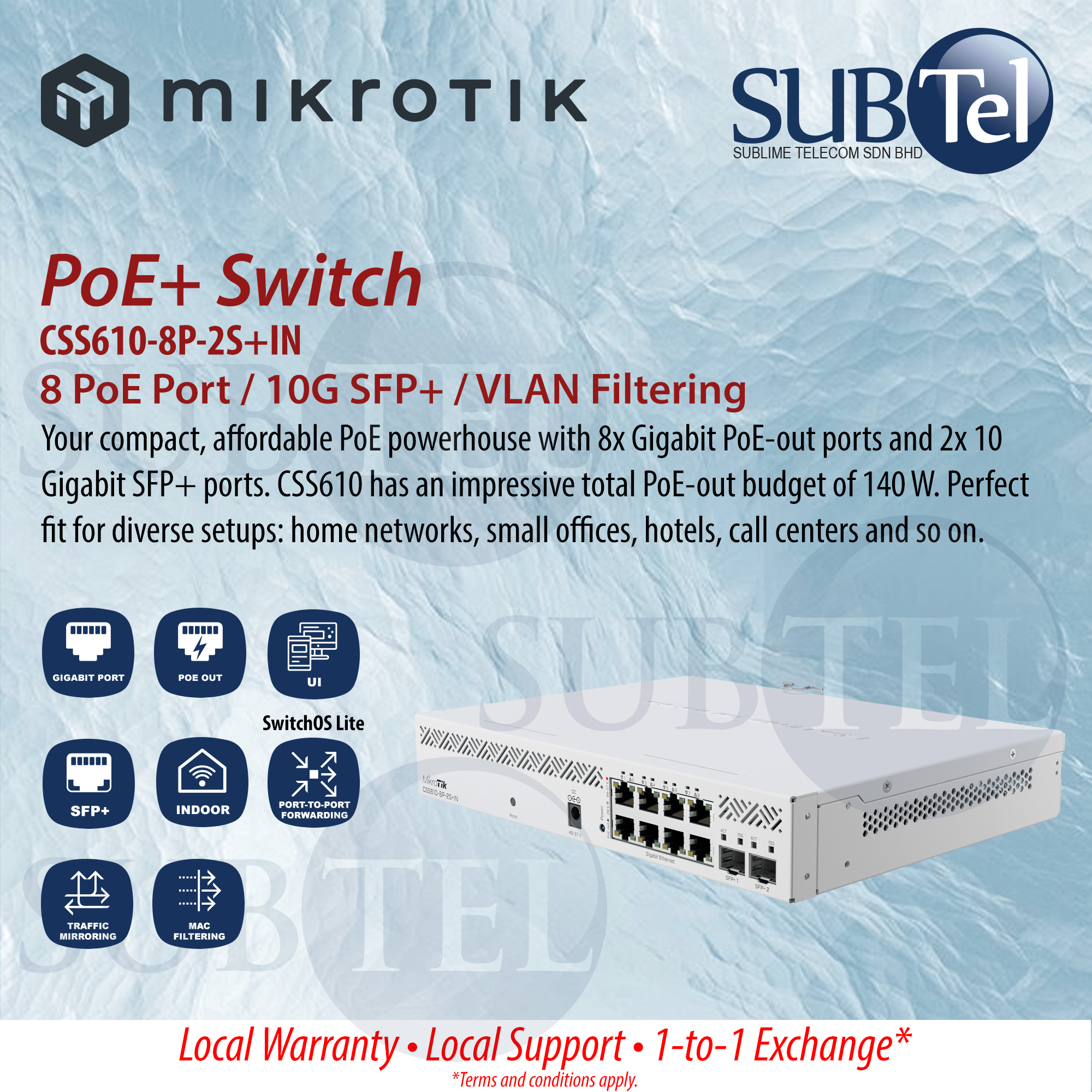 Mikrotik CSS610-8P-2S+IN PoE+ Switch 8 ports Gigabit POE 2 ports 10G SFP+ VLAN Filtering ...