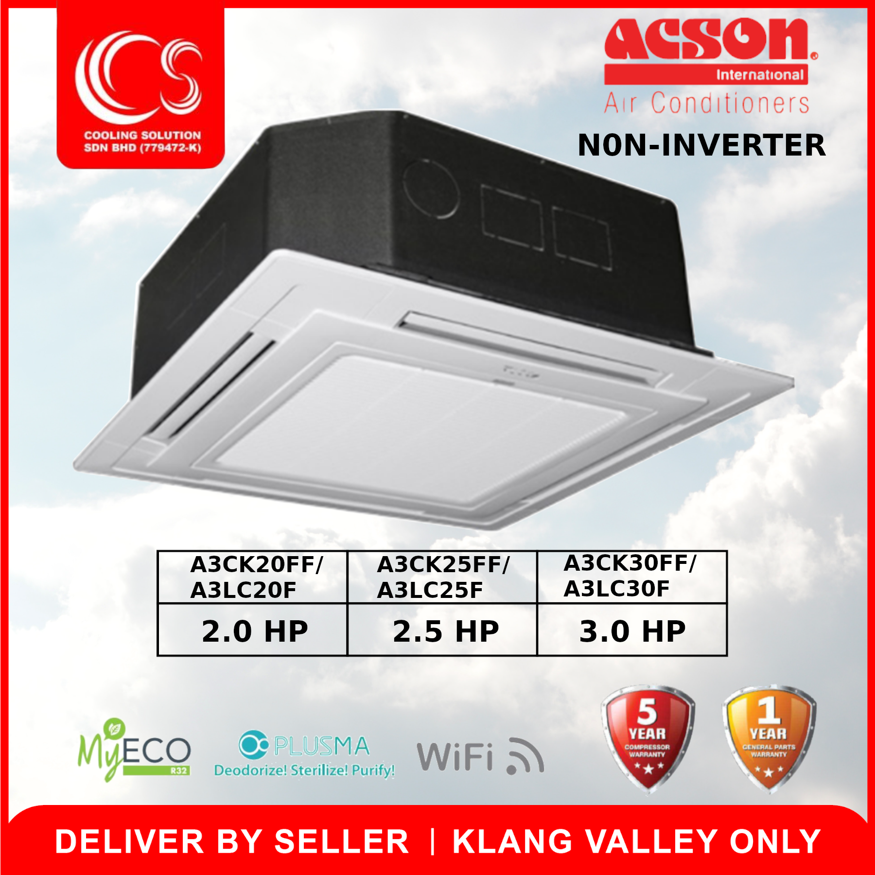 Acson Ceiling Cassette Non-Inverter R32 1.0HP untill 3.0HP A3CK10C/ A3CK15CF/ A3CK20FF/ A3CK25FF ...