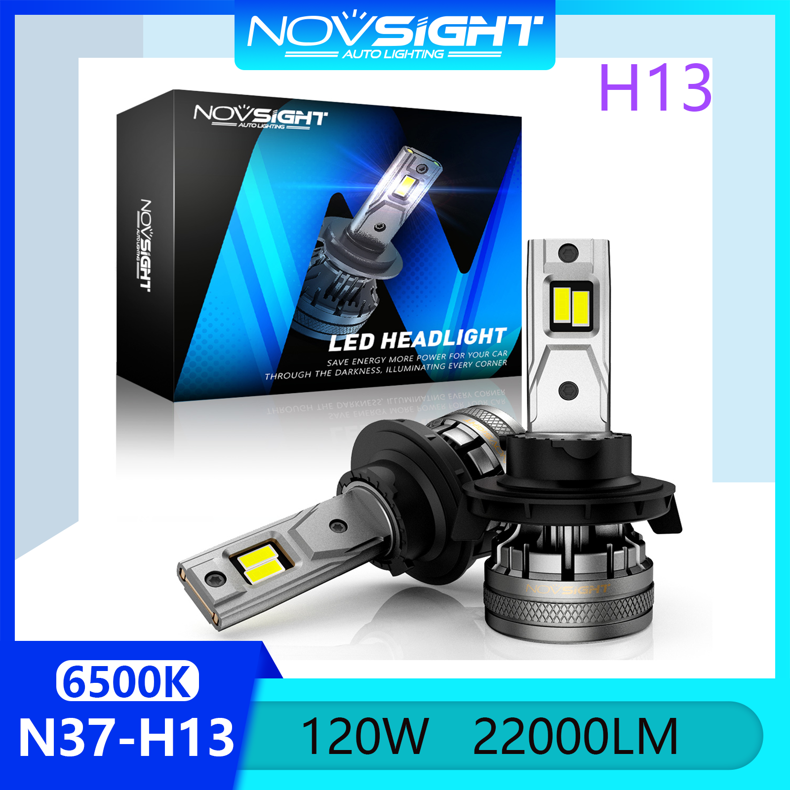 Novsight N37 H13 LED Headlight Bulbs Kit 120W 22000LM 6500K Super ...