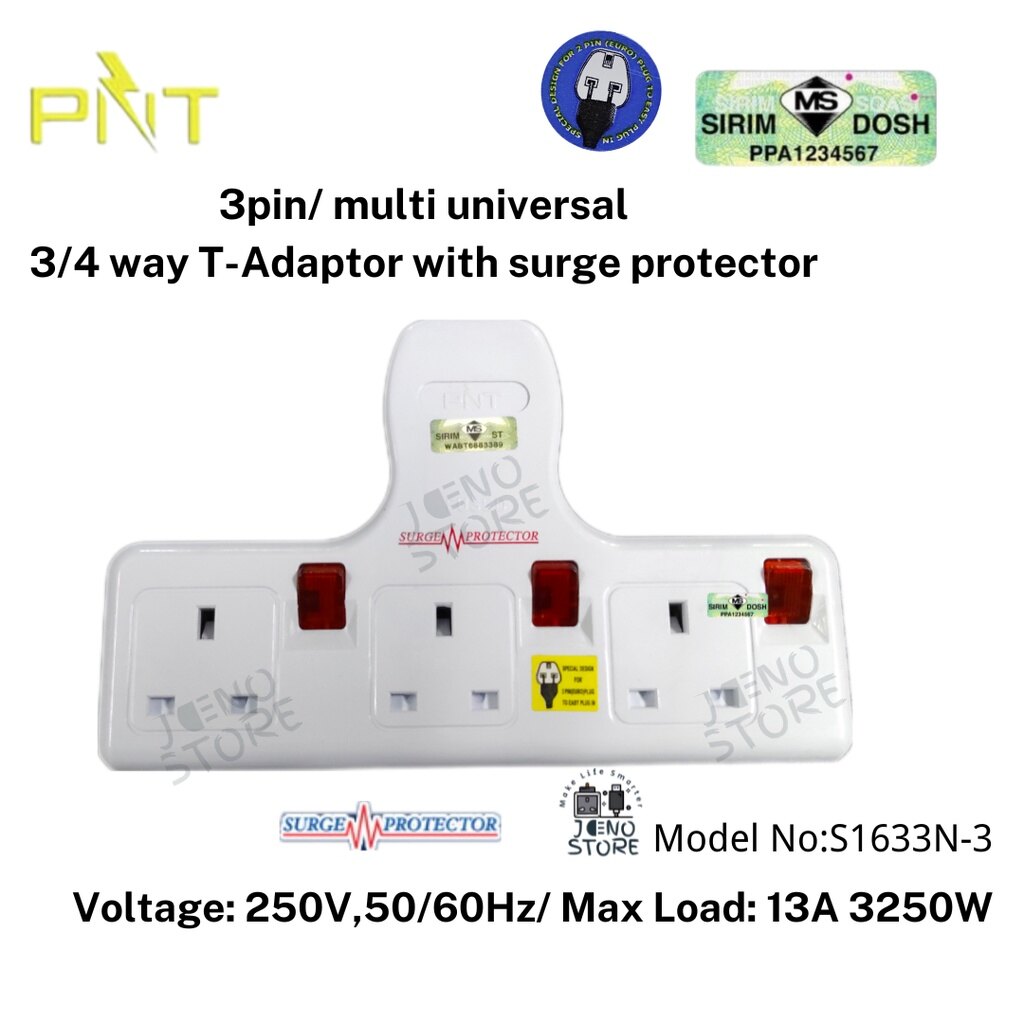 PNT and CEO 3pin / multi universal 3/4 way T-Adaptor with surge ...