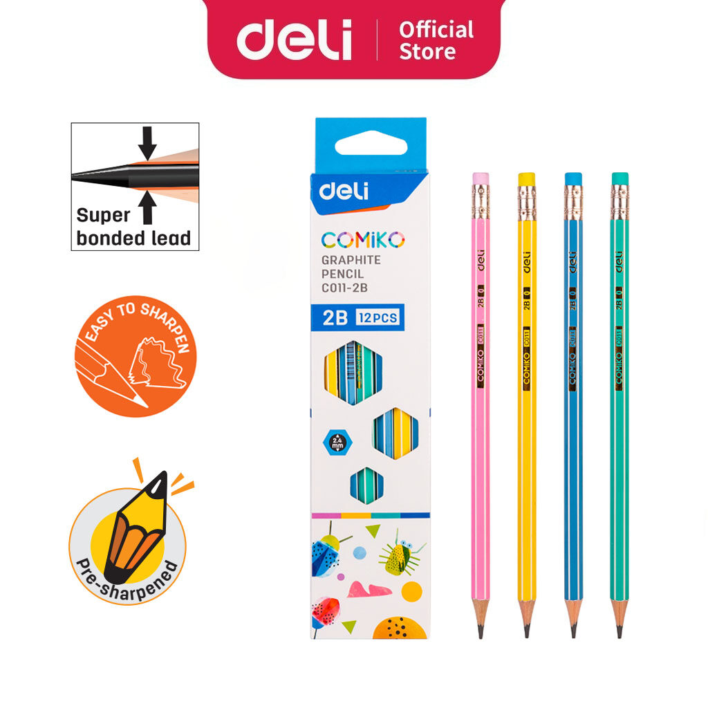 Deli Pencil EC011 Comiko Series Graphite 2B Pencil 12 Color Per Box ...