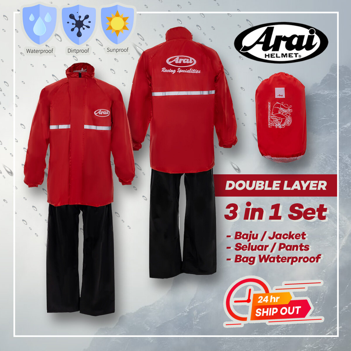 3 IN 1 Arai Raincoat / Motor Baju Hujan / Motorcycle Outdoor Waterproof ...