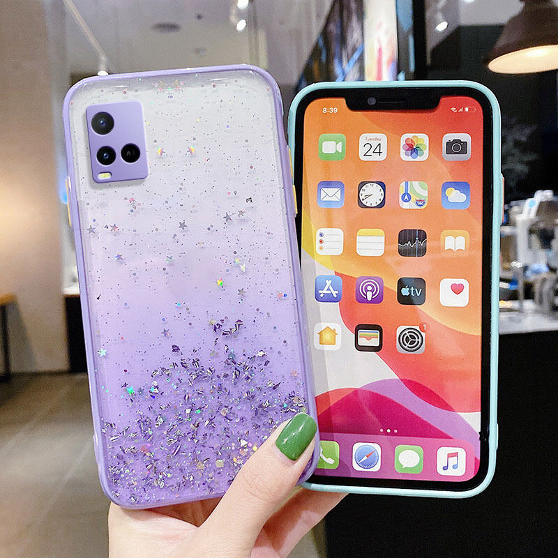 QAWSEDR Glitter สำหรับ VIVO Y21 Y21s กล้องโปร่งใสสำหรับสาว Backplane ...