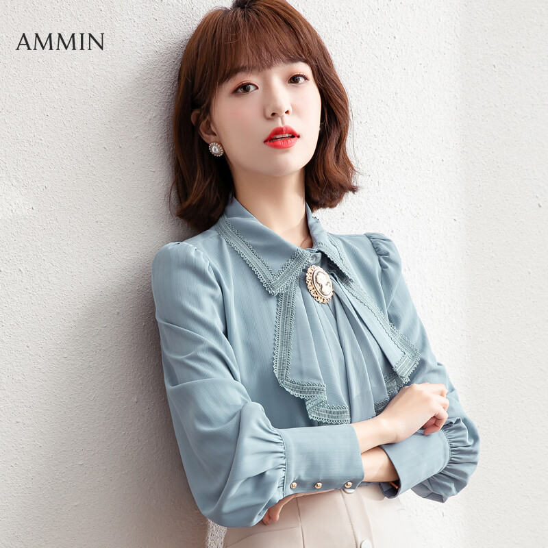Ammin Tops 2021 Autumn New Long Sleeved Lapel Striped Elegant Chiffon