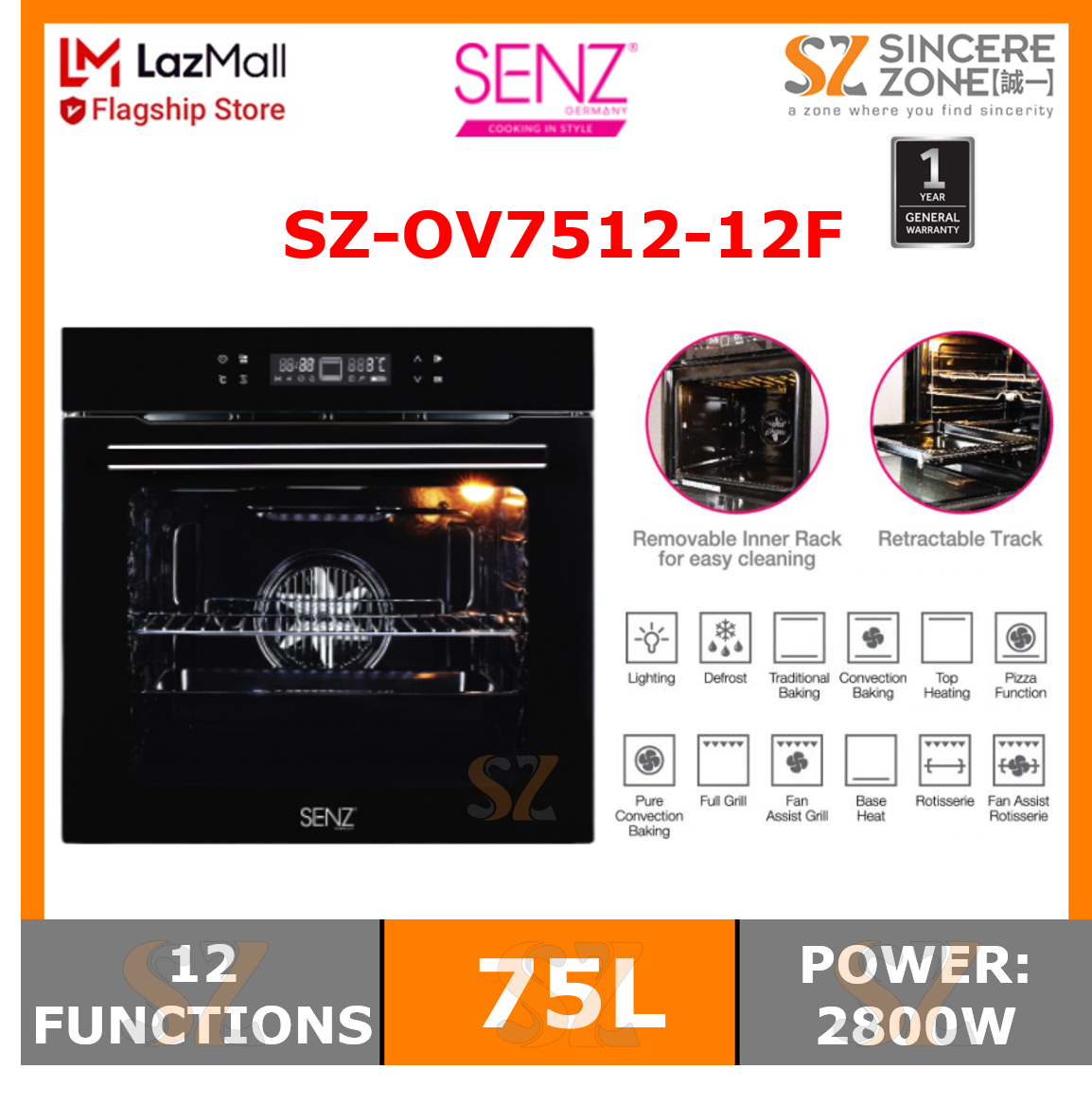 SENZ SZ-OV7512-12F 75L BUILT-IN FULLY DIGITAL MULTIOVEN WITH 12 COOKING ...