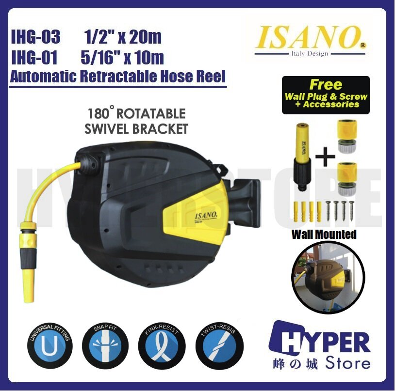ISANO 10m / 20m Automatic Retractable Hose Reel / Auto Rewind Wall ...