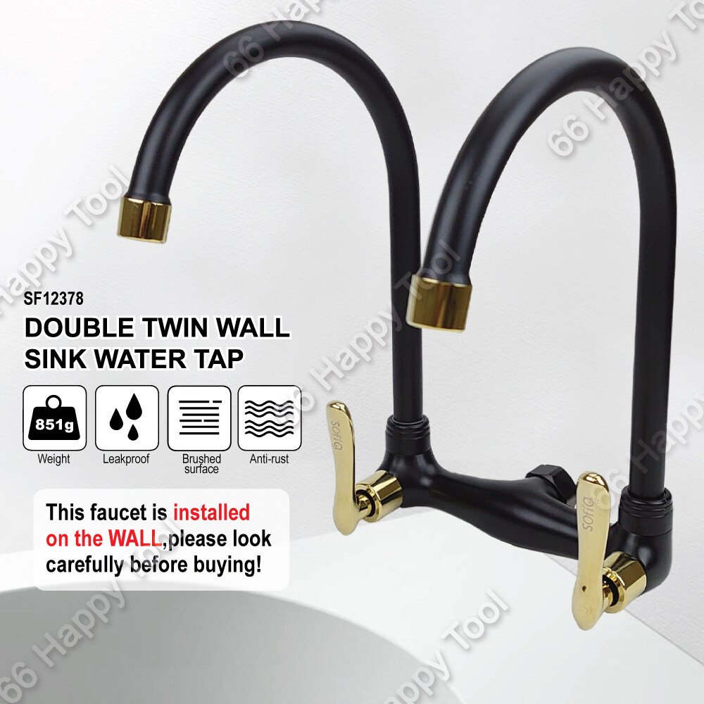 Sofia Double Sink Water Tap Twin Wall/Pillar Black Gold Kitchen Faucet ...