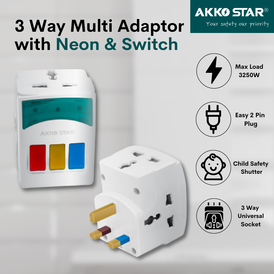 13a 3 Way Multi Adaptor Socket With Switch And Neon Wall Plug