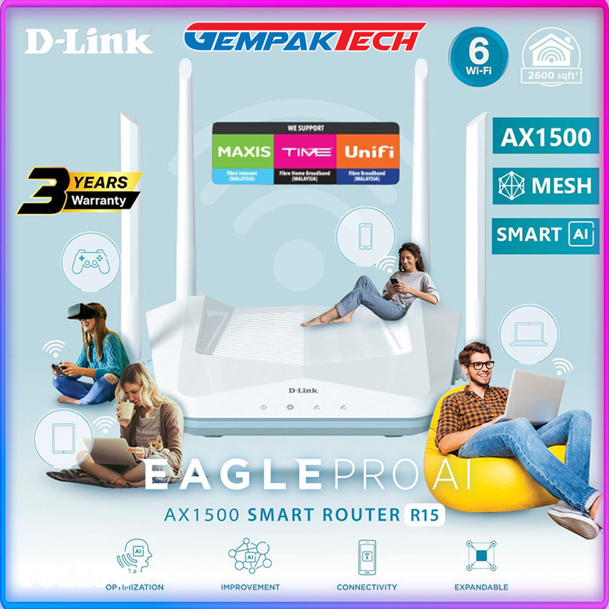 D-Link Eagle Pro AI AX1500 Smart Wireless WiFi 6 Gigabit Router Mesh ...