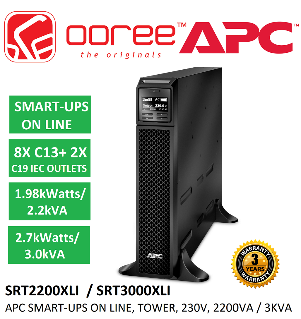 APC SMART-UPS ON LINE SRT2200XLI (2200VA) / SRT3000XLI (3KVA), TOWER, 230V, 8X C13+2X C19 IEC ...