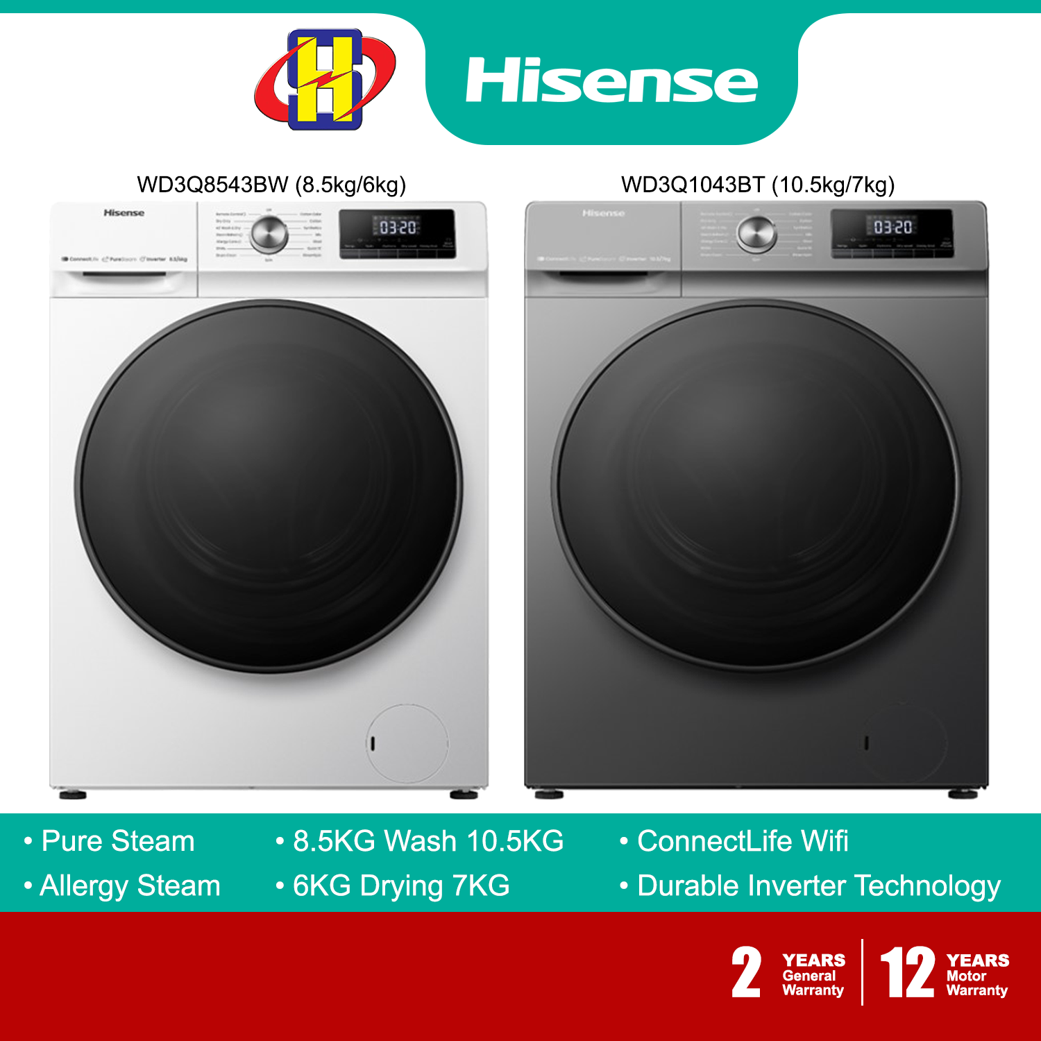 Hisense Washer Dryer (8.5KG/6KG - 10.5KG/7KG) Wifi Connection Pure ...