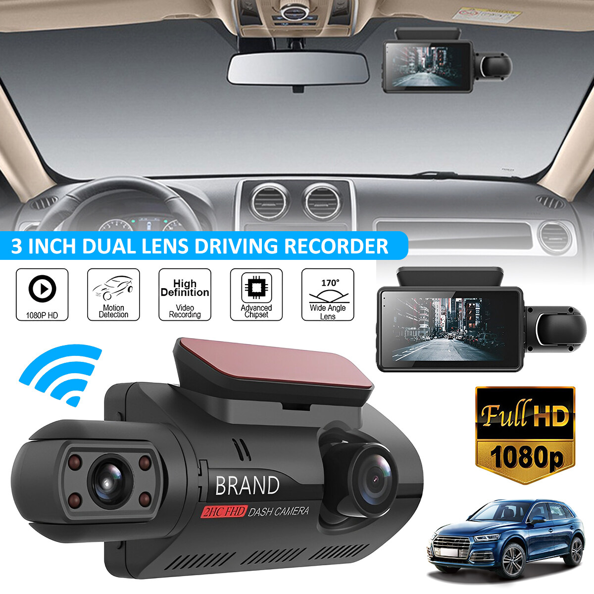 Clear car front and rear 360 Dashboard Camera Dash Cam DVR3" Lens ...