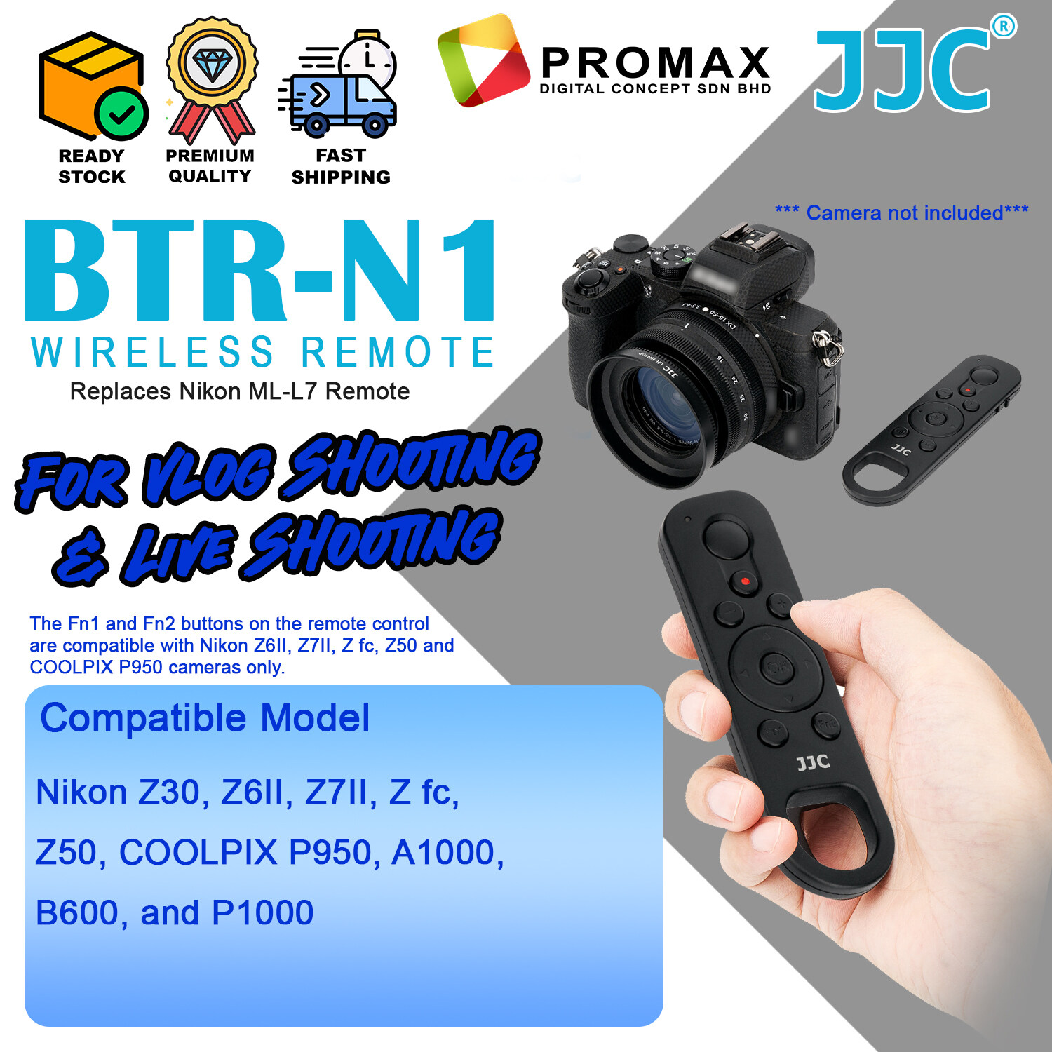 JJC TP-N1 BTR-N1 Vlog Shooting grip with a detachable wireless remote for Nikon Z50 P950 A1000 ...