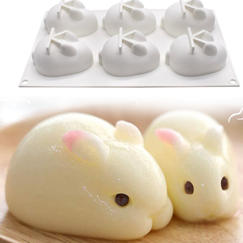 3D Rabbit Shape Silicone Cake Mold 6-Cavity Mousse Dessert Baking Bunny ...