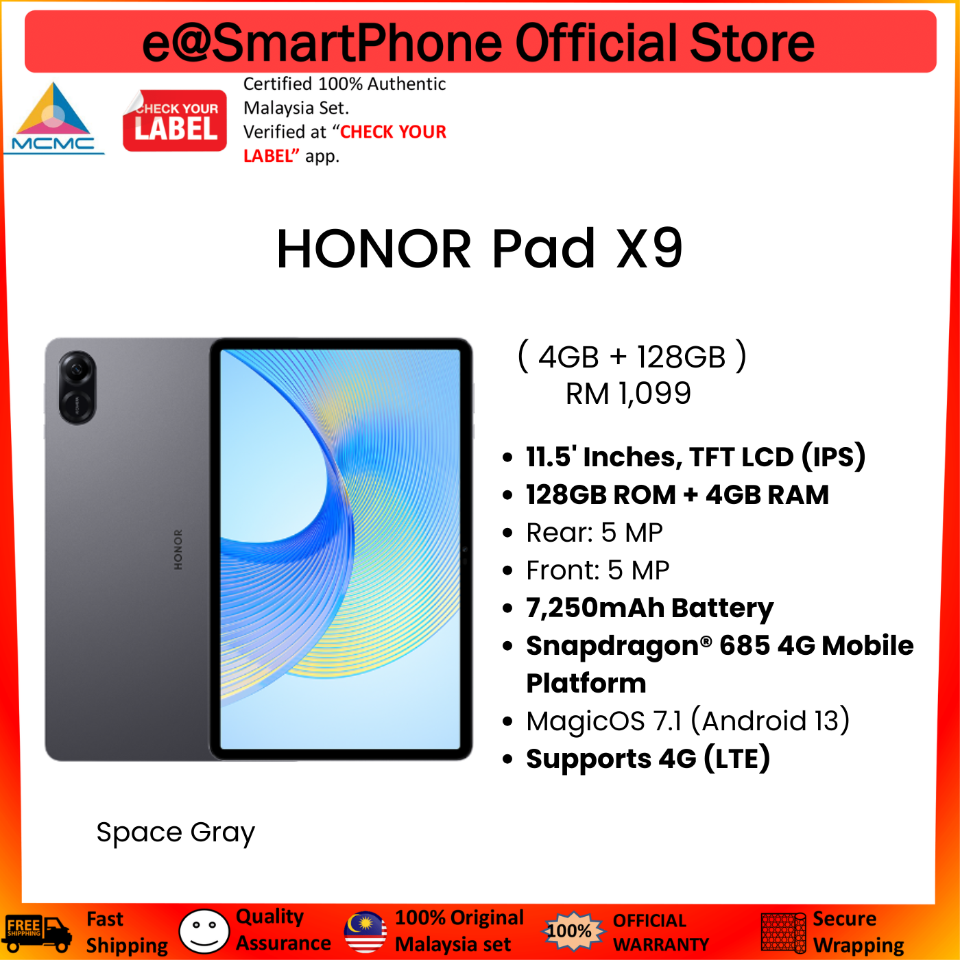 HONOR Pad X9 LTE (128GB + 4GB RAM) Original HONOR MALAYSIA | Lazada