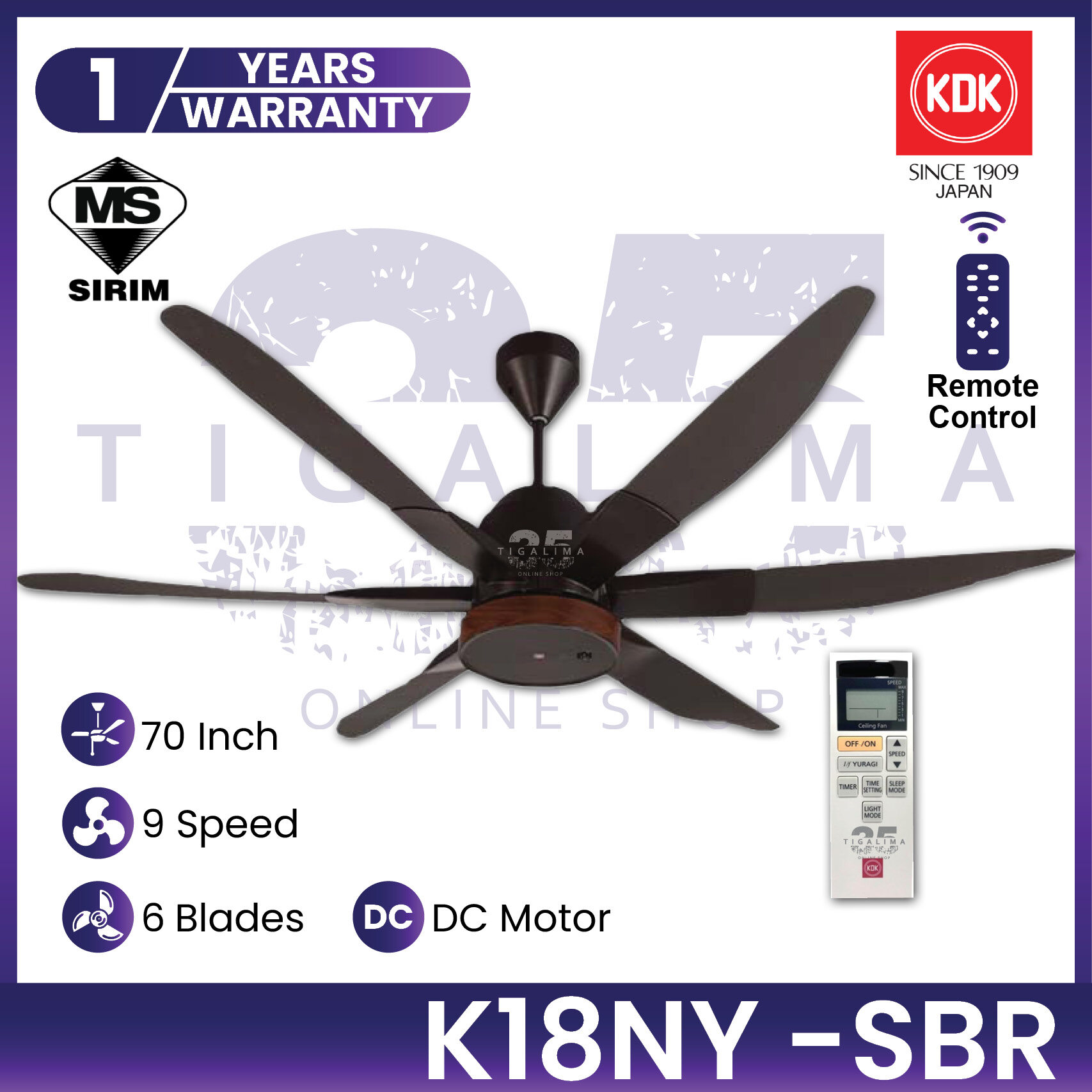 KDK Moshon Series KDK K18NY-SBR 70" 6 Blades 9 Speed DC Motor Remote ...