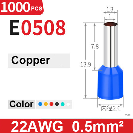 1000PCS VE Cable Lug Ferule Connector Terminal Pin Terminal Tube Type ...