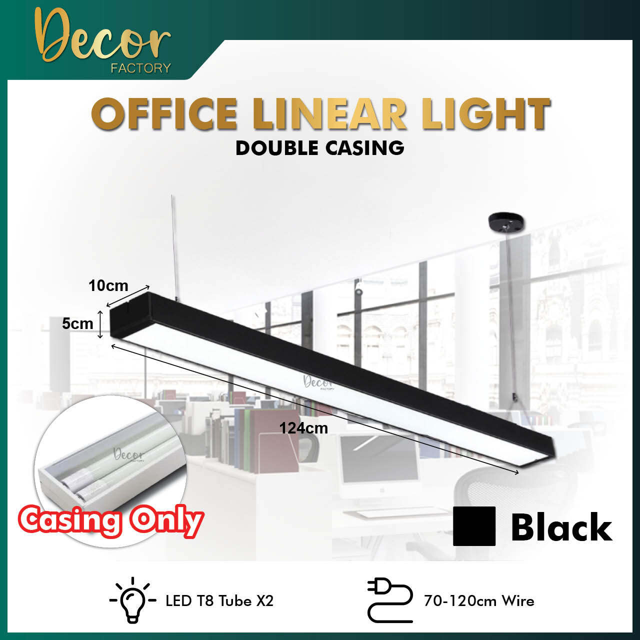 Office Pendant Light Black White LED T8 Linear Light Tube Fitting ...