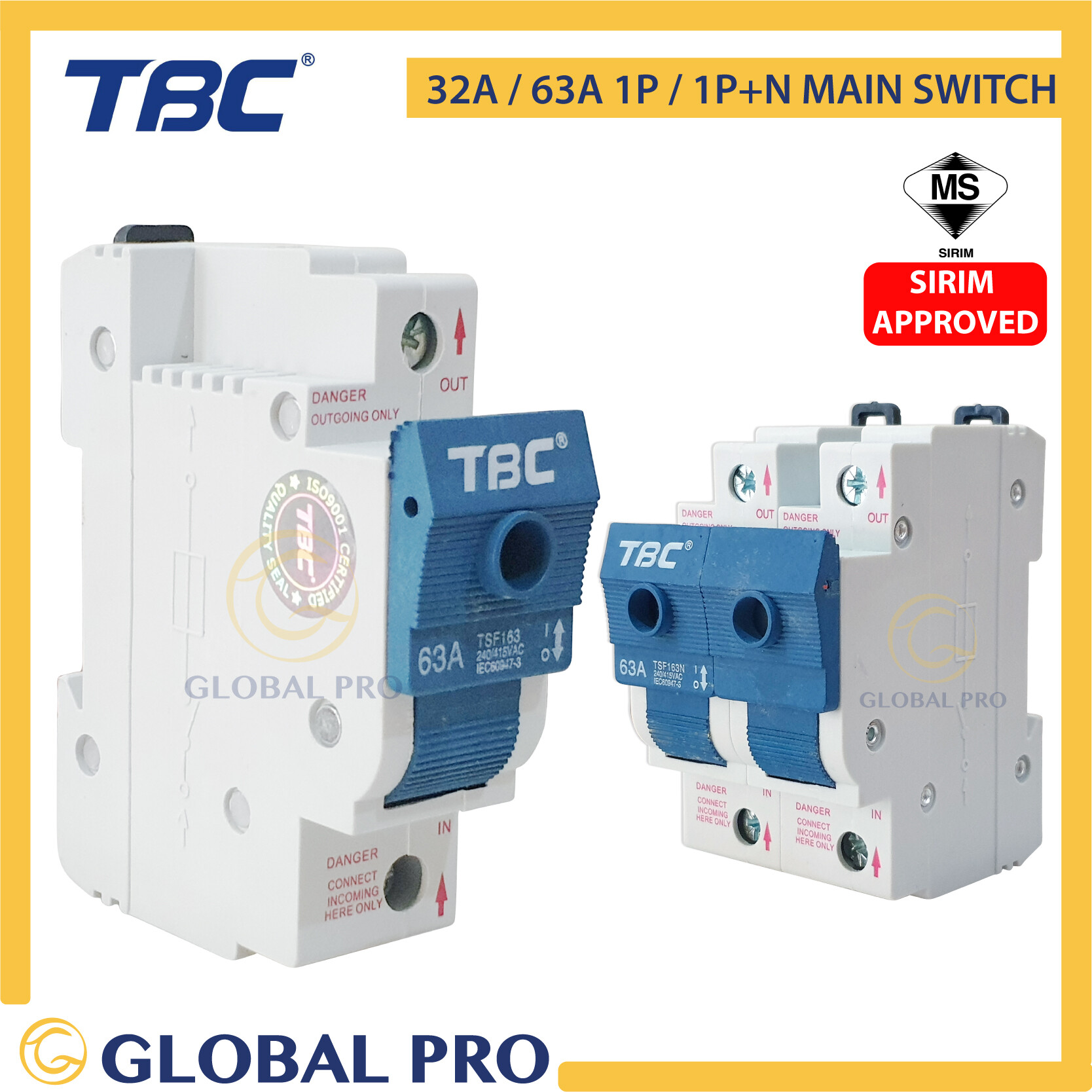 TBC 1 / 2 Pole 32A 63A Isolator / Main Switch Circuit Breaker, Sirim ...