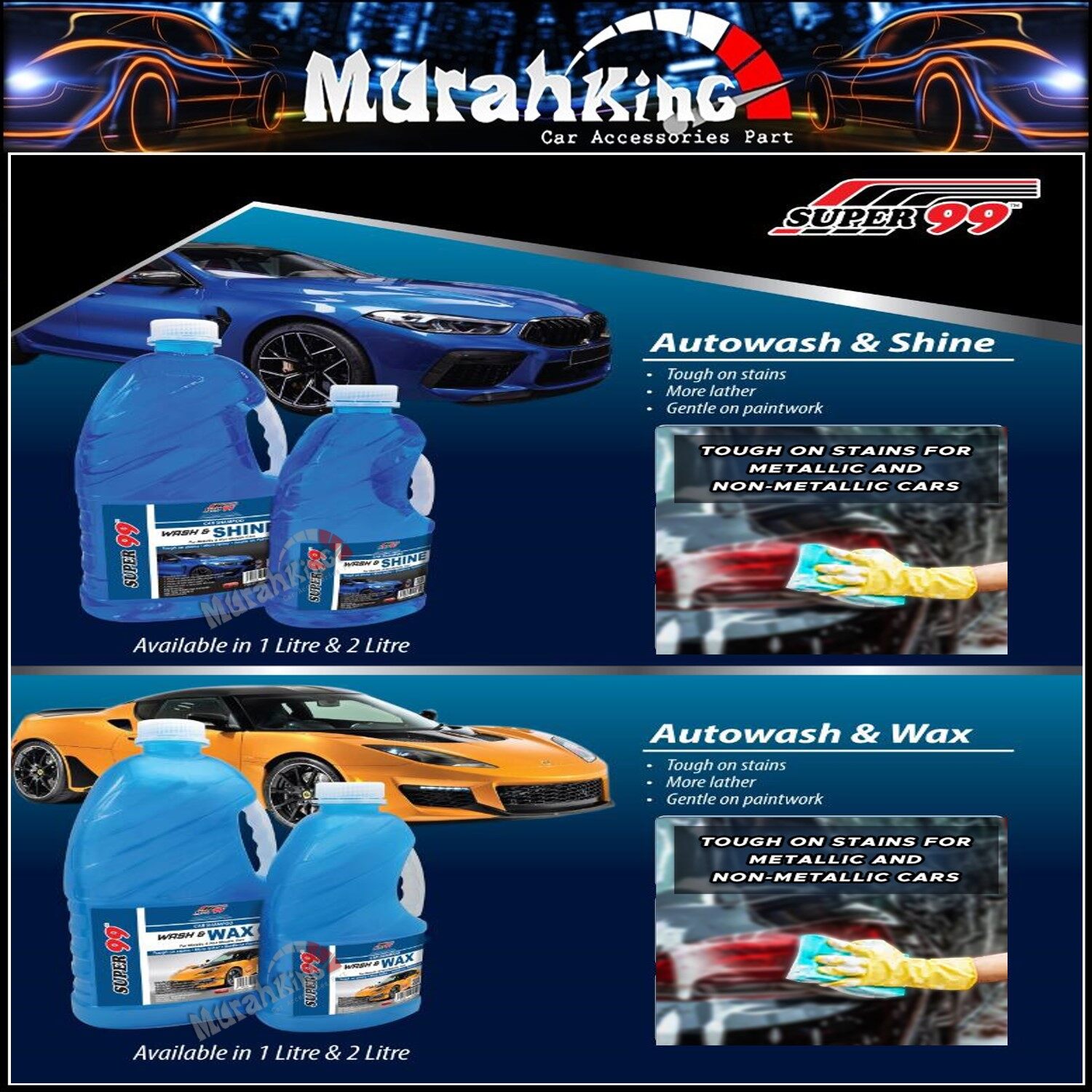 SUPER 99 Car Shampoo AUTO WASH & WAX WASH & SHINE CAR SHAMPOO 2 Litre ...