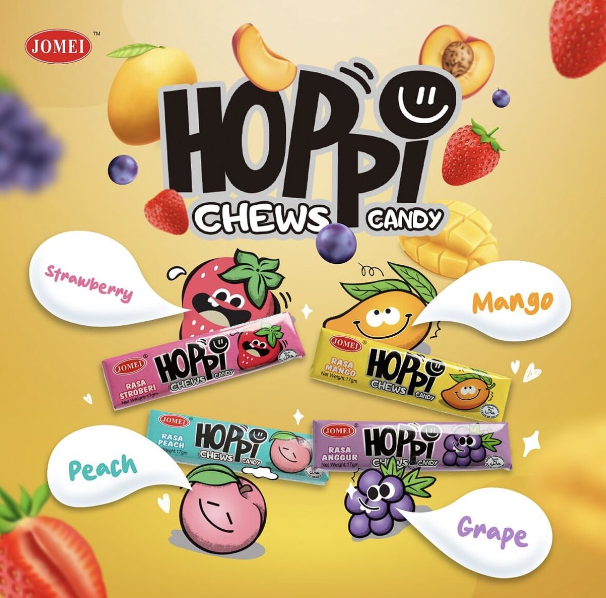 JOMEI HOPPI CHEWS CANDY FRUIT FLAVOURED (30 PCS) (4 FRUITS FLAVOURS IN ...