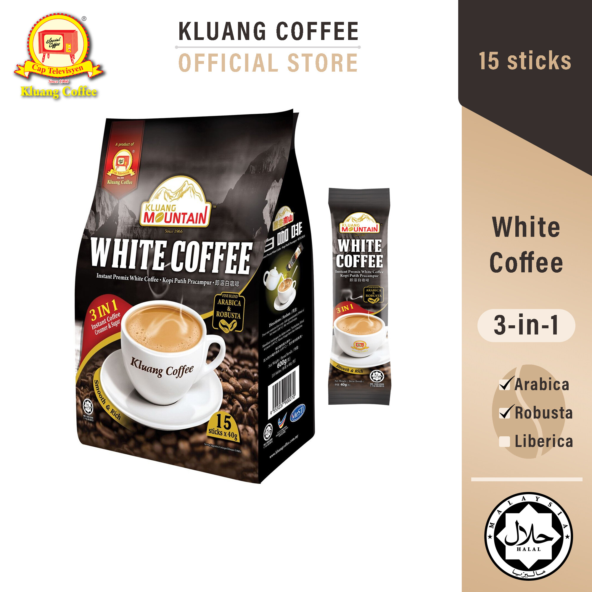Kluang Mountain Cap TV White Coffee 3 in 1 (15 sticks x 40gm) Minuman Kopi Segera Kopi Putih 3 ...